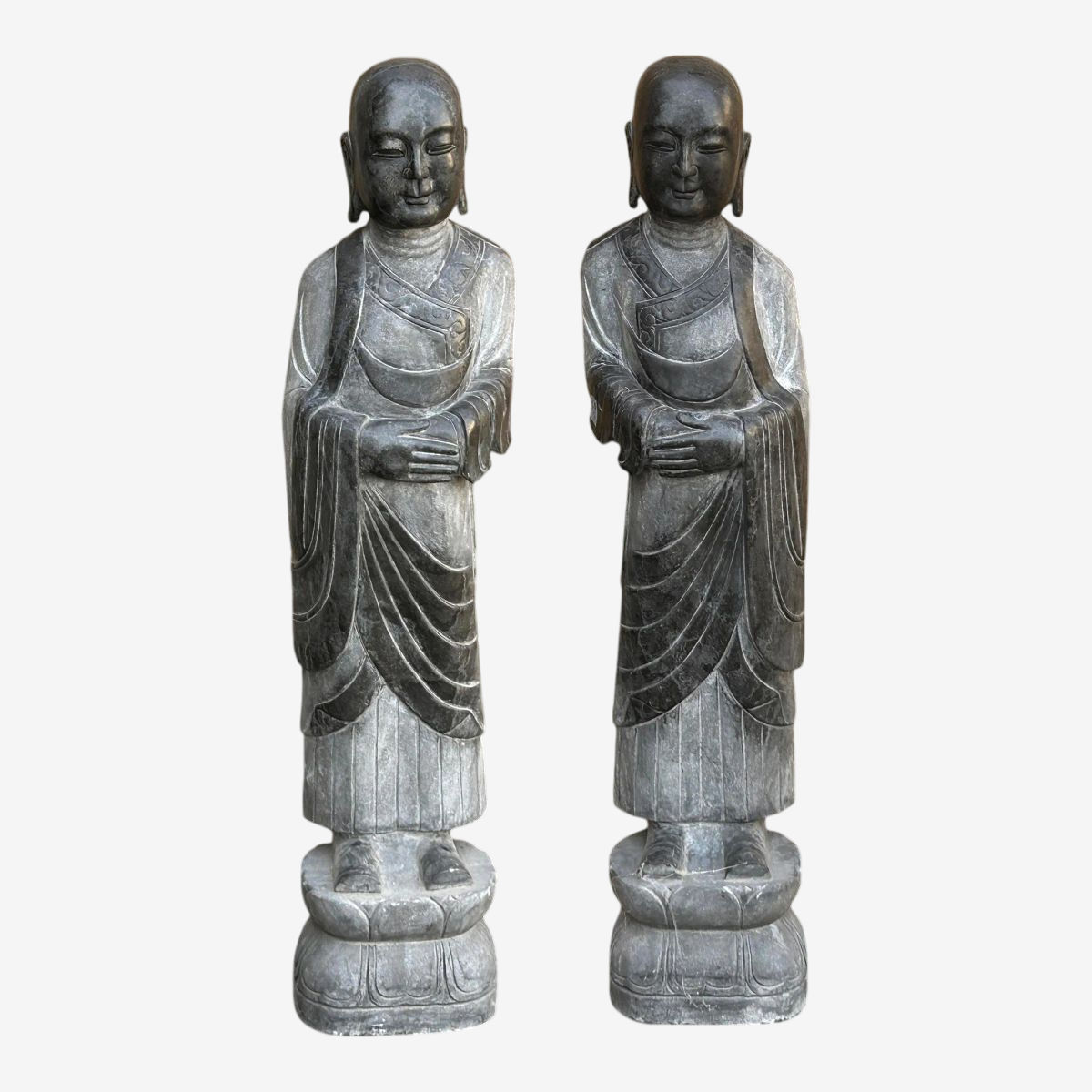 Pair Black Gray Stone Carved Standing Monk Arhat Lohan Statues ...