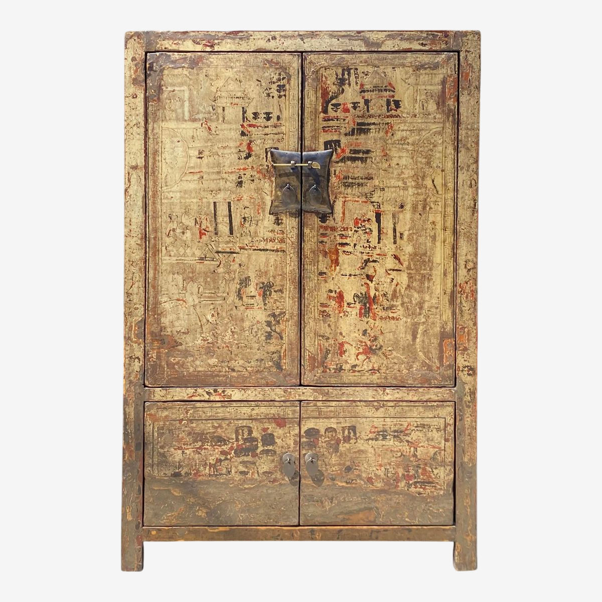 Chinese Distressed Sorrell Brown Graphic Tv Dressing Storage Cabinet ...