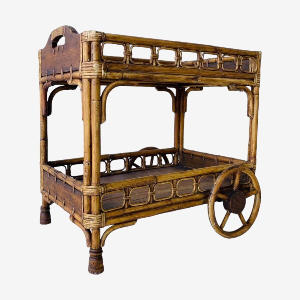 SOLD Bamboo Bar Cart - Vintage Rattan Trolley with Wooden Wheels and ...