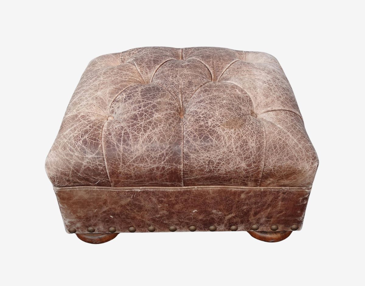 Vintage French Country Rustic Leather Tufted Ottoman by Sam Moore ...