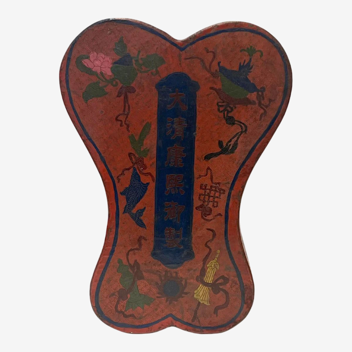 Chinese Distressed Brick Red Treasure Graphic Ribbon Shape Box | Kashew