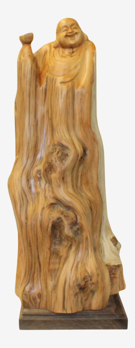 Chinese Cypress Wood Carved Irregular Shape Happy Buddha Statue | Kashew