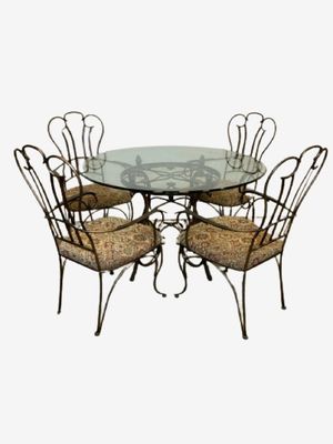 Rubbed Bronze Metal Base Glass Top Dining Table with 4 Aztec Print ...