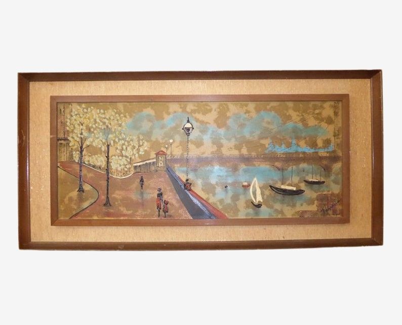 Vintage Mid Century 1970's Oil Picture Painting "Harbor City Scene"by ...