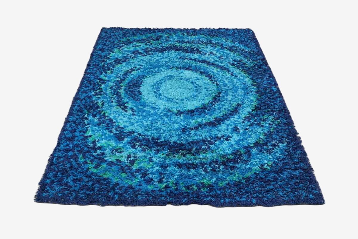 Large blue high pile rya rug by strehog norden | Kashew
