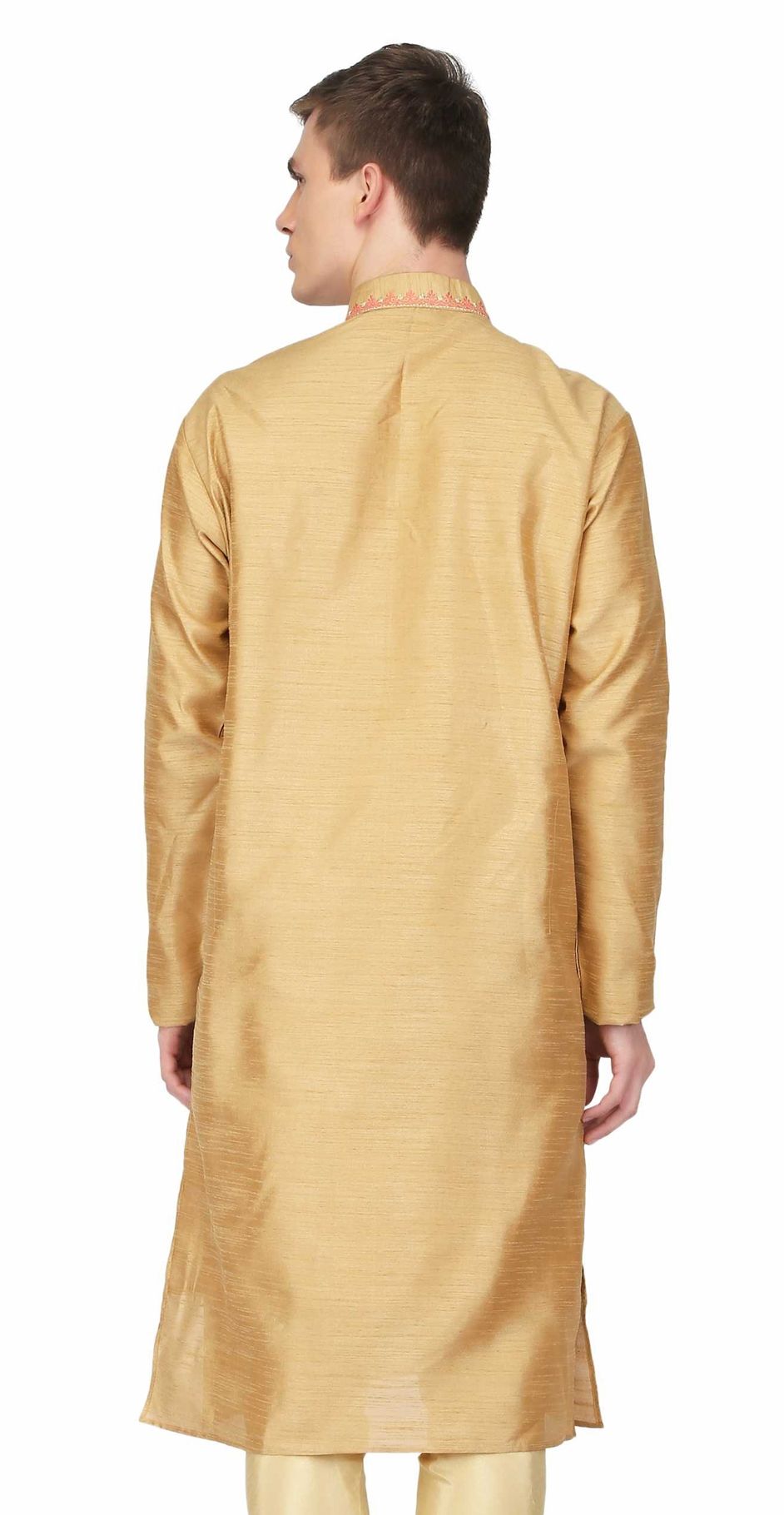 1524045: Gold color Raw Silk fabric Kurta