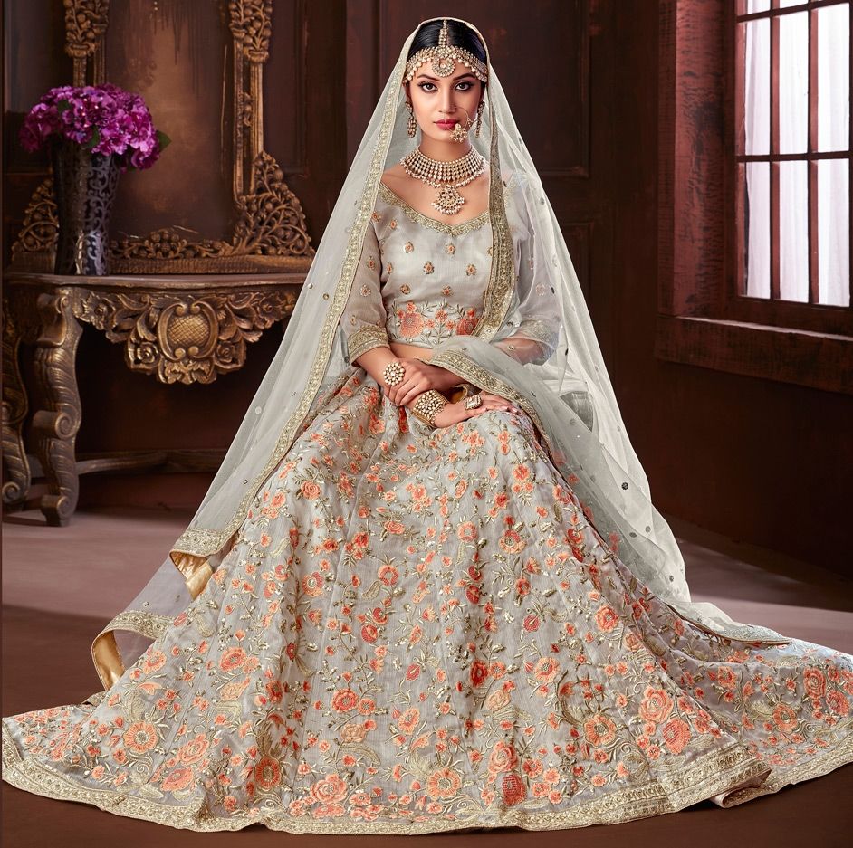 1548493: Wedding Silver color Organza Silk fabric Lehenga