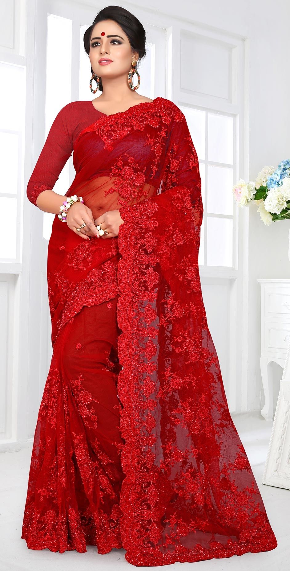 Party Wear Red and Maroon color Net fabric Saree : 1549794