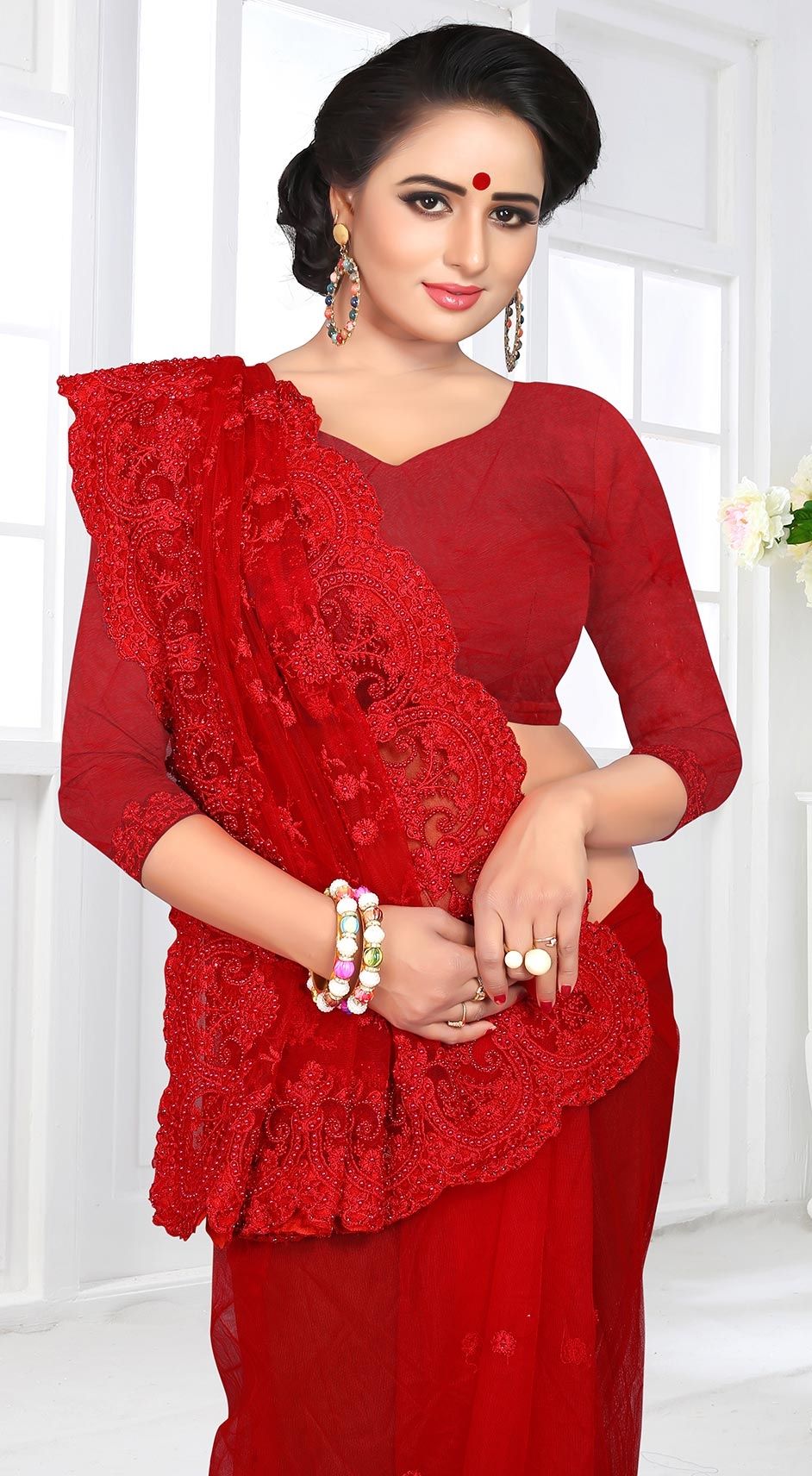 Party Wear Red and Maroon color Net fabric Saree : 1549794