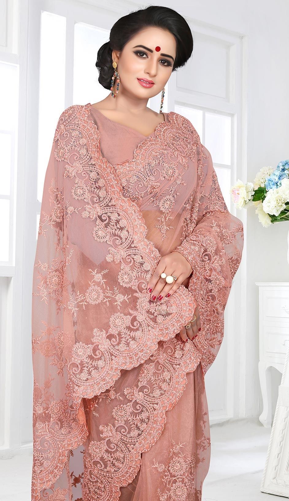 Party Wear, Reception Pink and Majenta color Net fabric Saree : 1549802