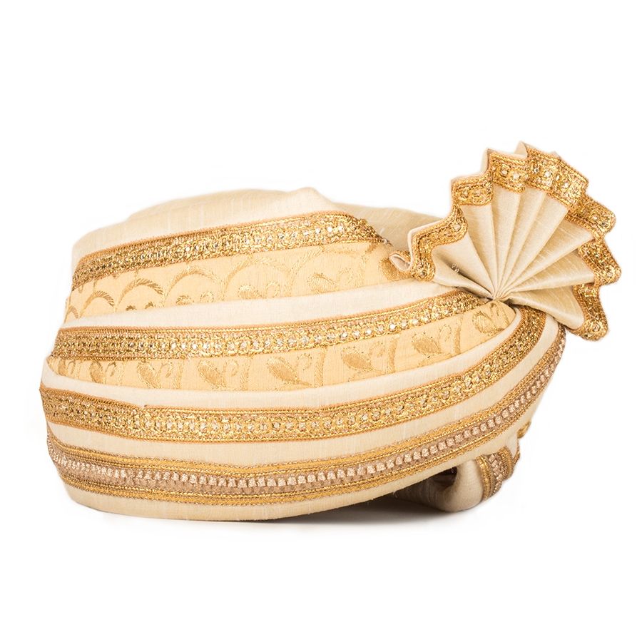 1557687: Beige and Brown color Brocade, Silk fabric Turban