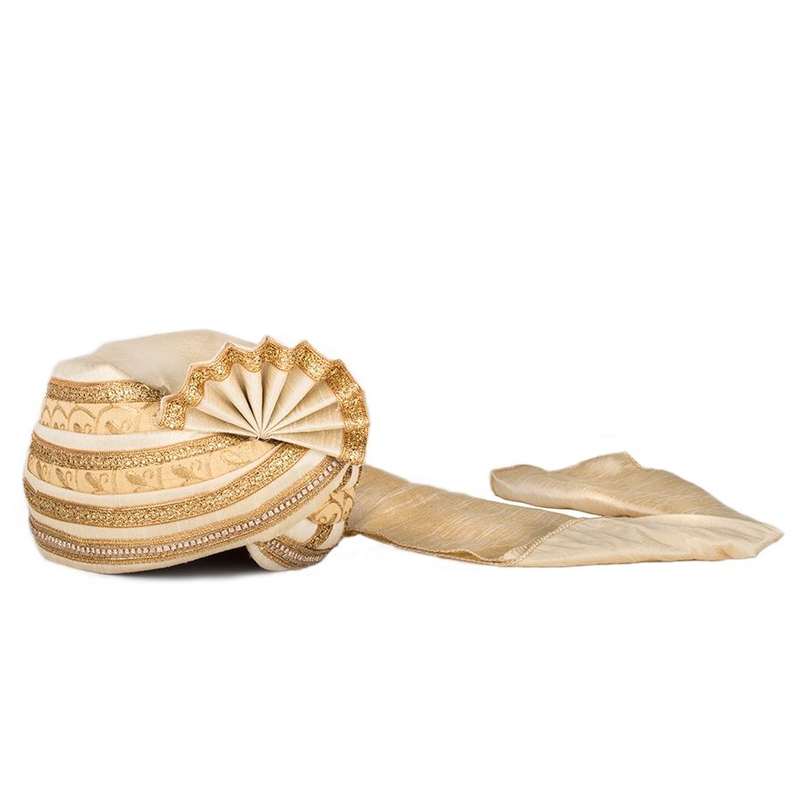 1557687: Beige and Brown color Brocade, Silk fabric Turban