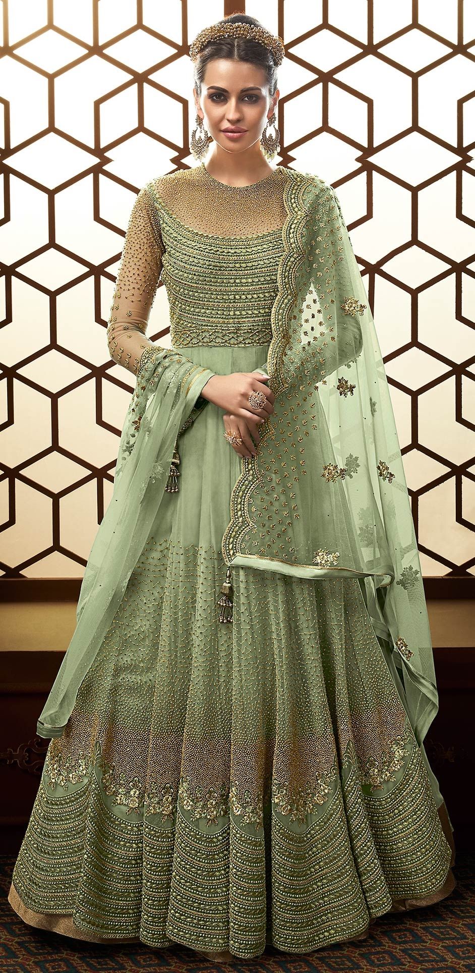 Mehendi Sangeet, Reception Green color Net fabric Salwar Kameez : 1563000