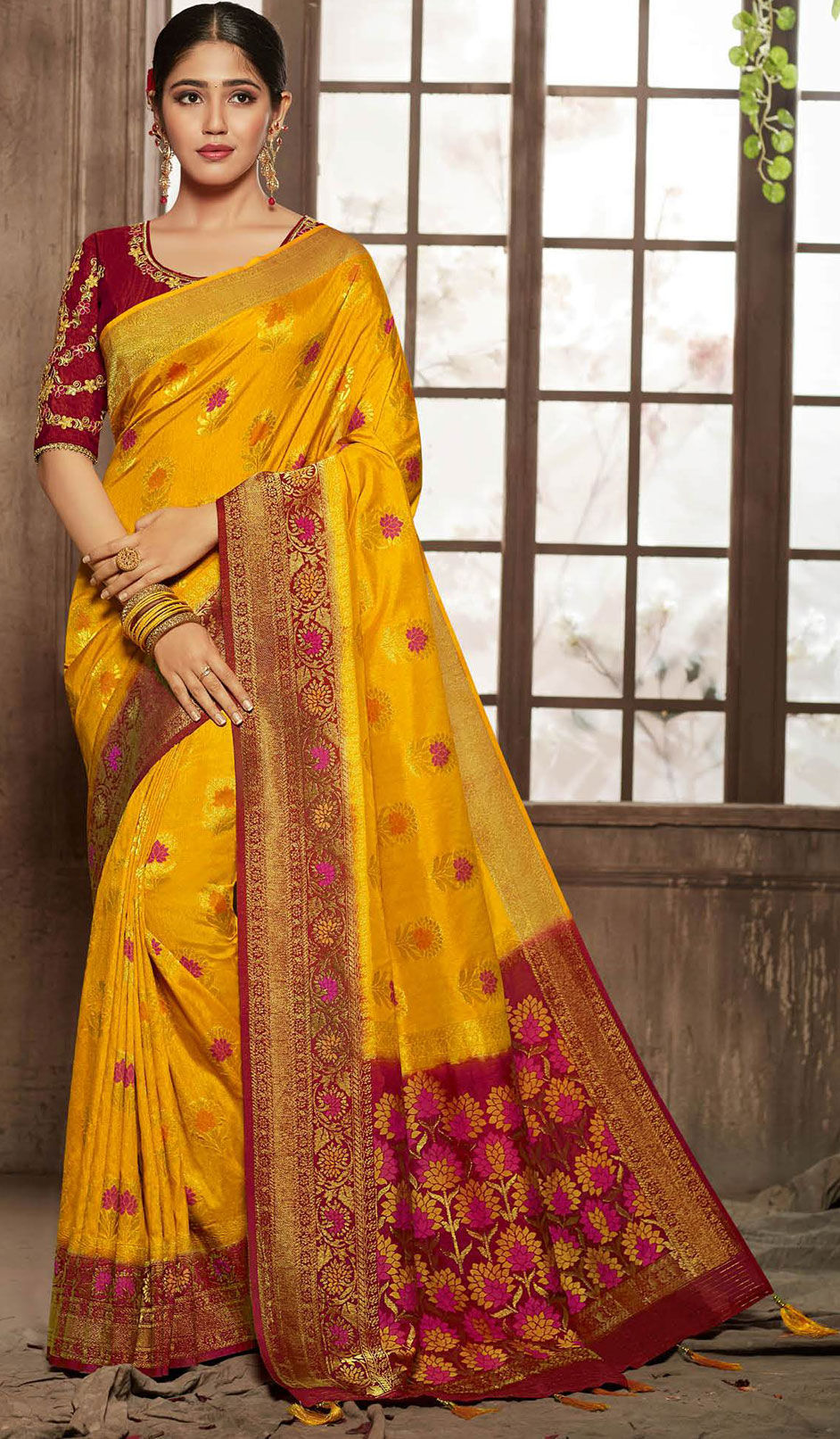 Party Wear, Reception, Traditional Yellow color Jacquard fabric Saree ...