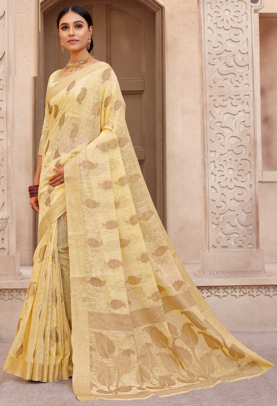 Party Wear, Traditional Yellow color Cotton fabric Saree : 1573013