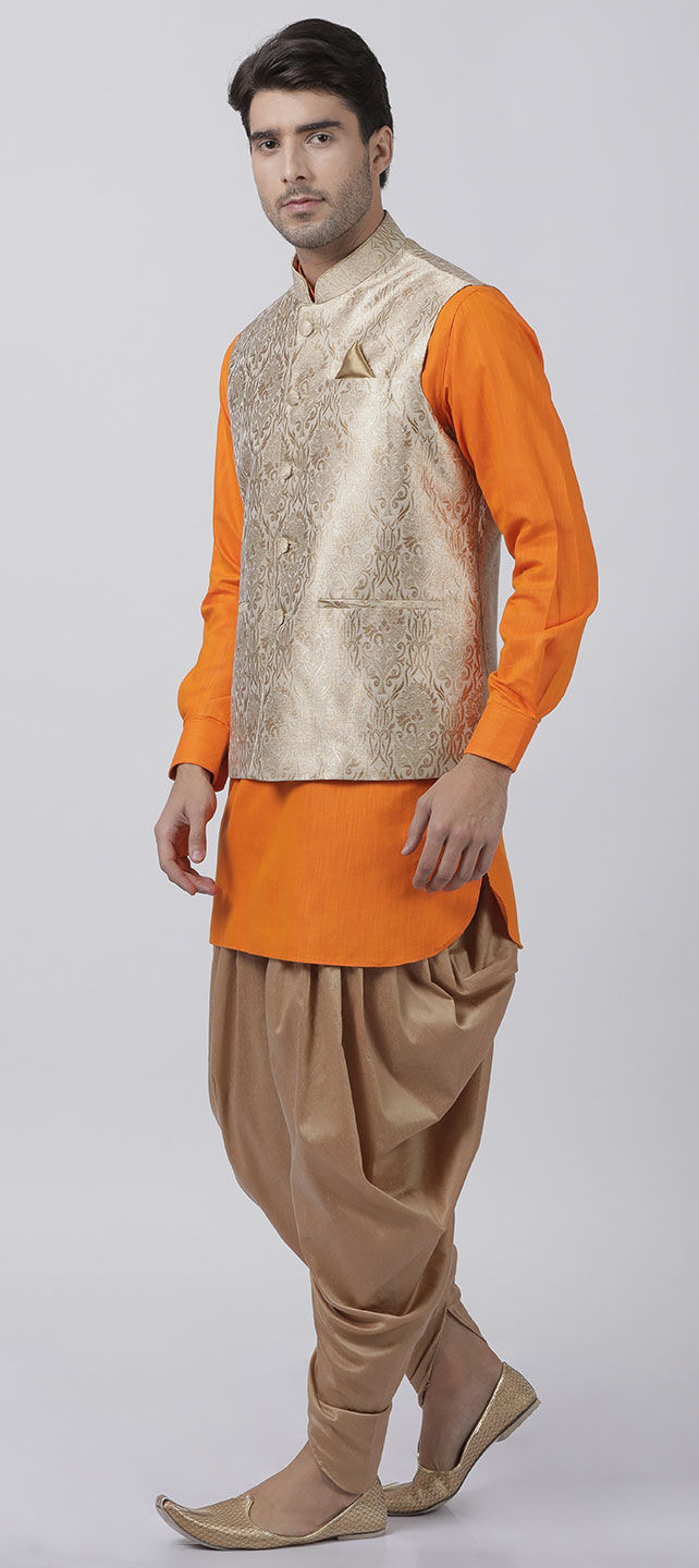 Orange color Cotton fabric Dhoti Kurta with Jacket : 1591389