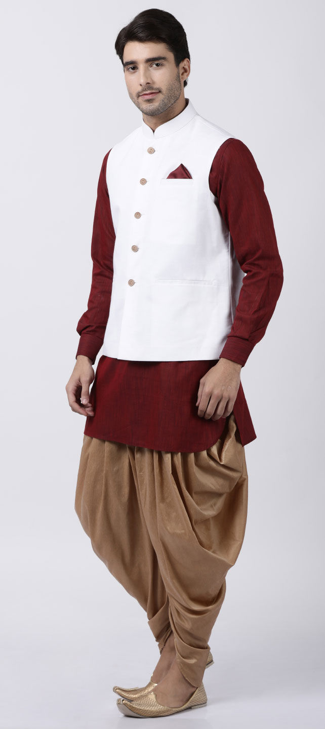 Red and Maroon color Cotton fabric Dhoti Kurta with Jacket : 1591422