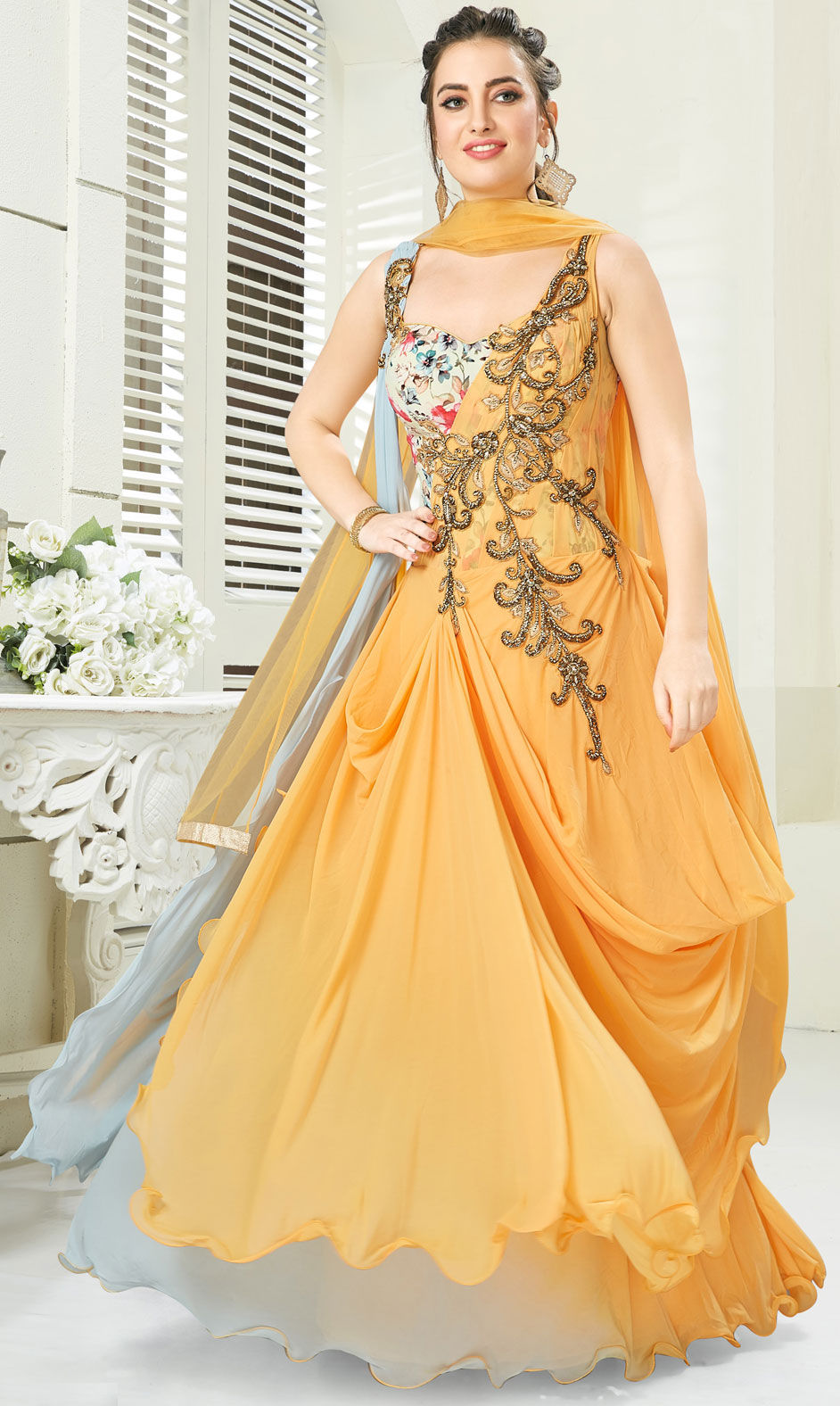 Festive, Reception, Wedding Gold, Yellow color Net, Silk fabric Gown ...