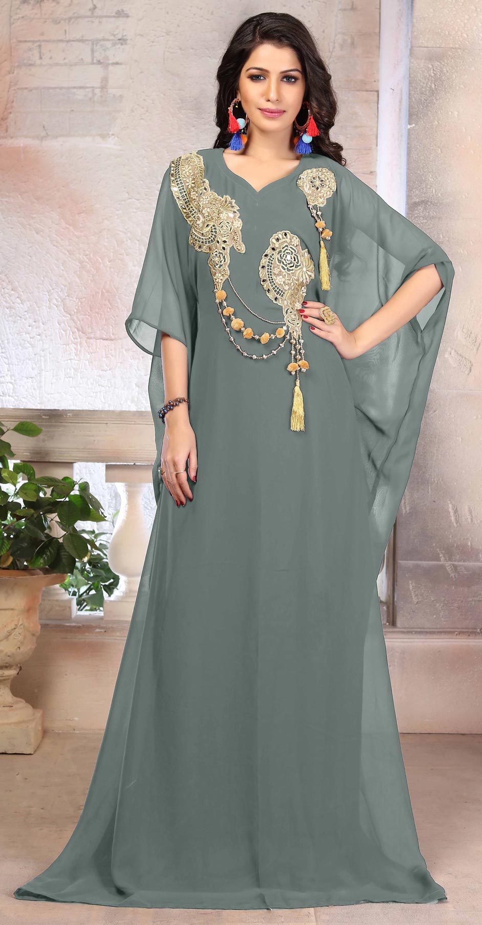 Black and Grey color Crepe Silk, Georgette fabric Kaftan : 1608710