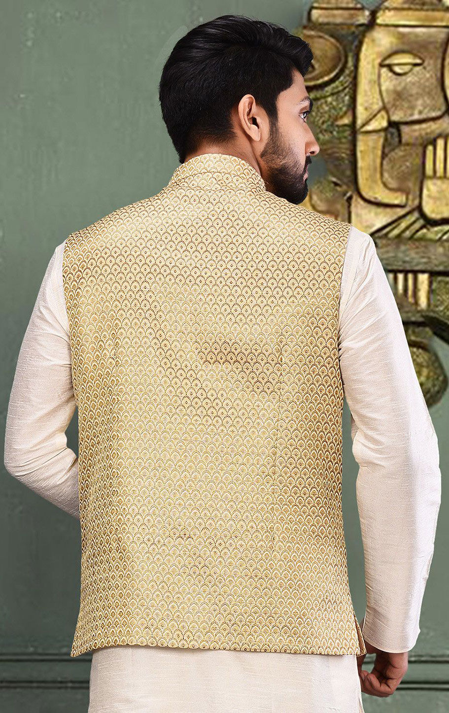 Beige and Brown color Jacquard fabric Nehru Jacket : 1610685