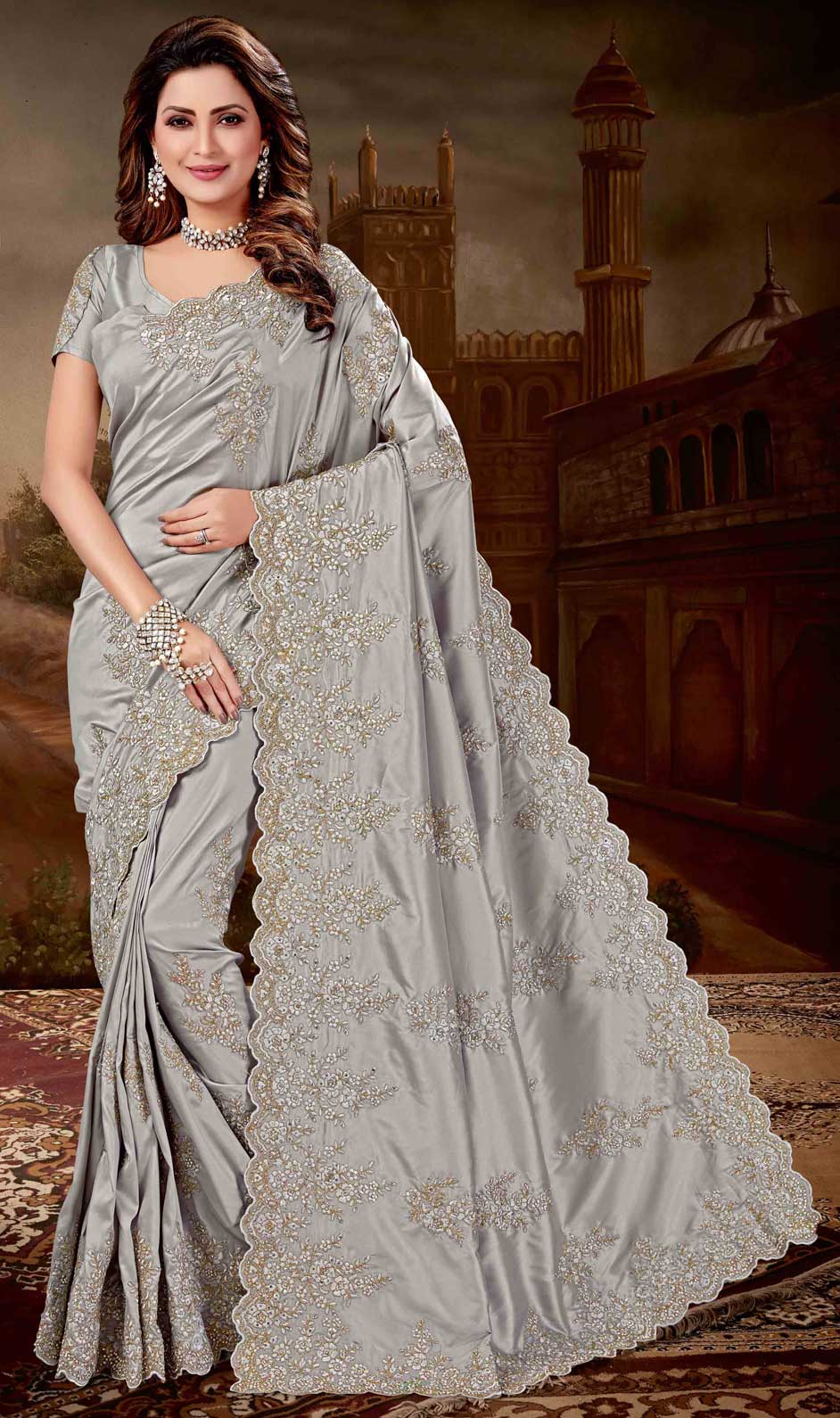 Traditional Silver color Satin Silk, Silk fabric Saree : 1611458