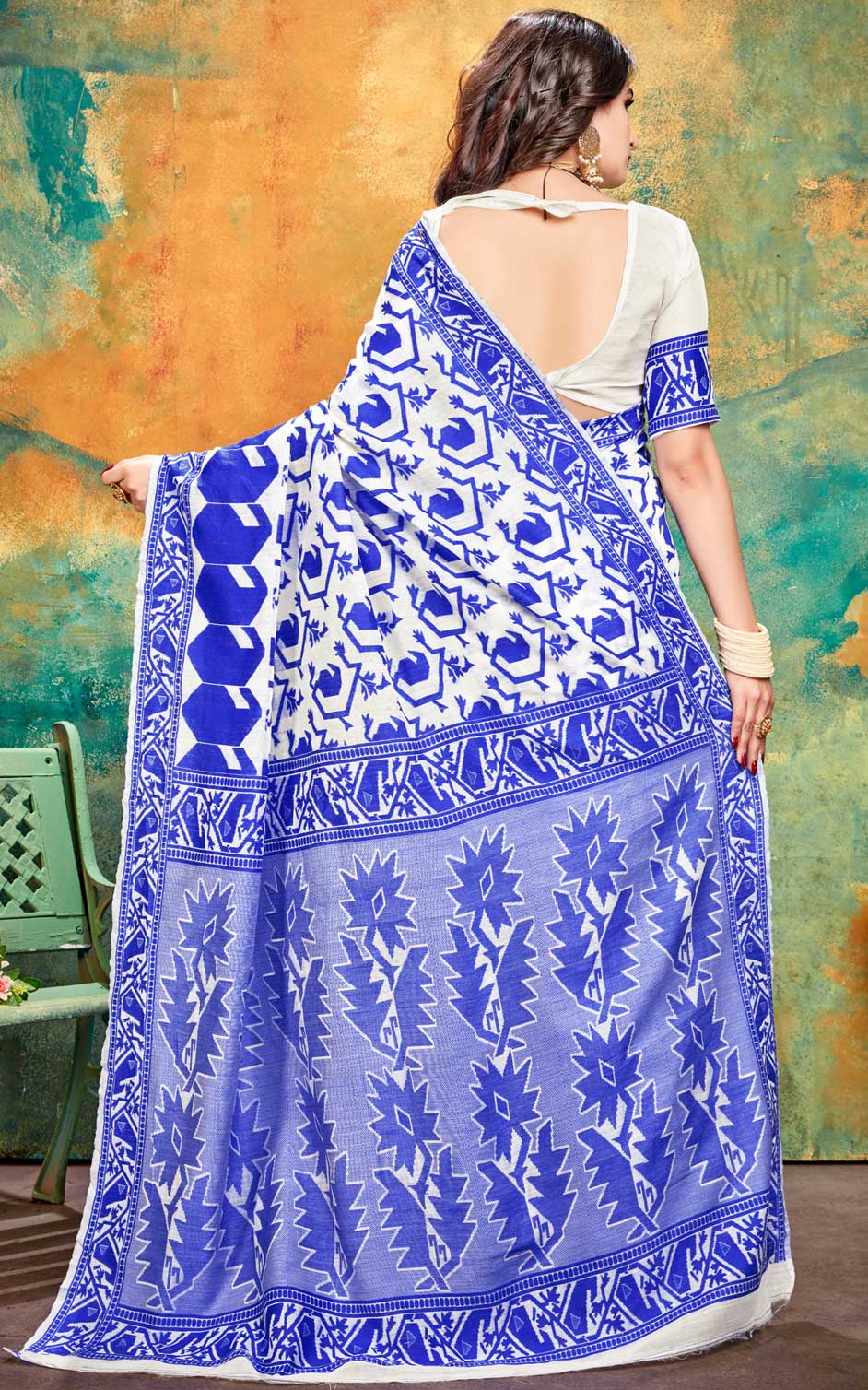 Traditional Blue, White and Off White color Cotton fabric Saree : 1613475