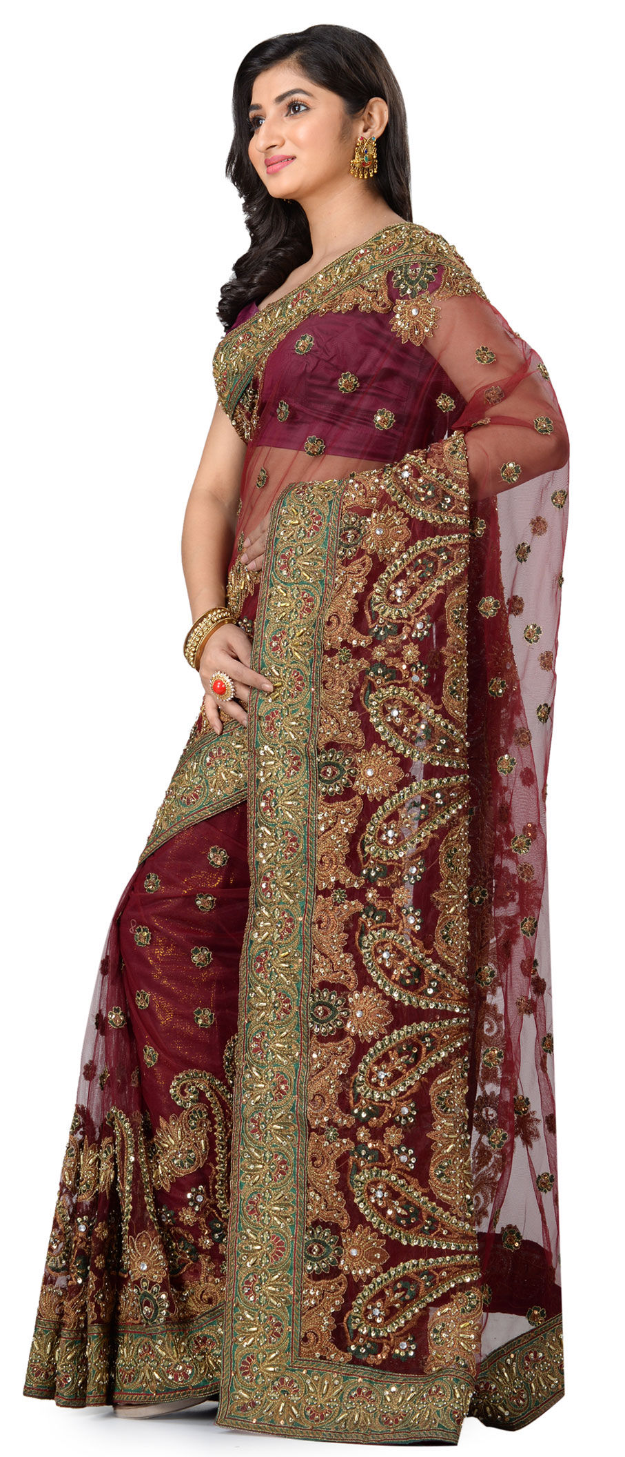 Bridal, Wedding Red and Maroon color Net fabric Saree : 1616452