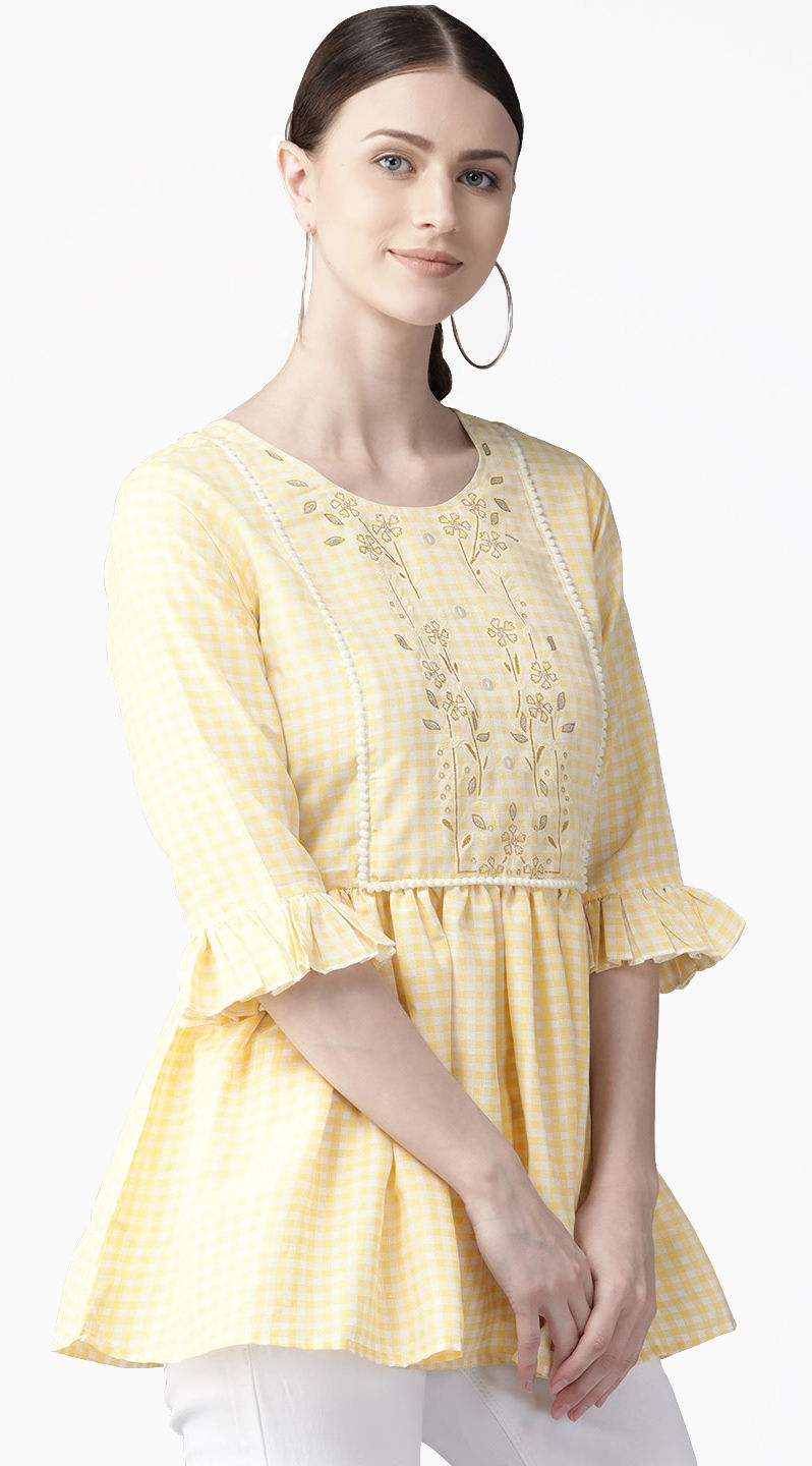 Casual Yellow color Muslin fabric Tops and Shirts : 1650264