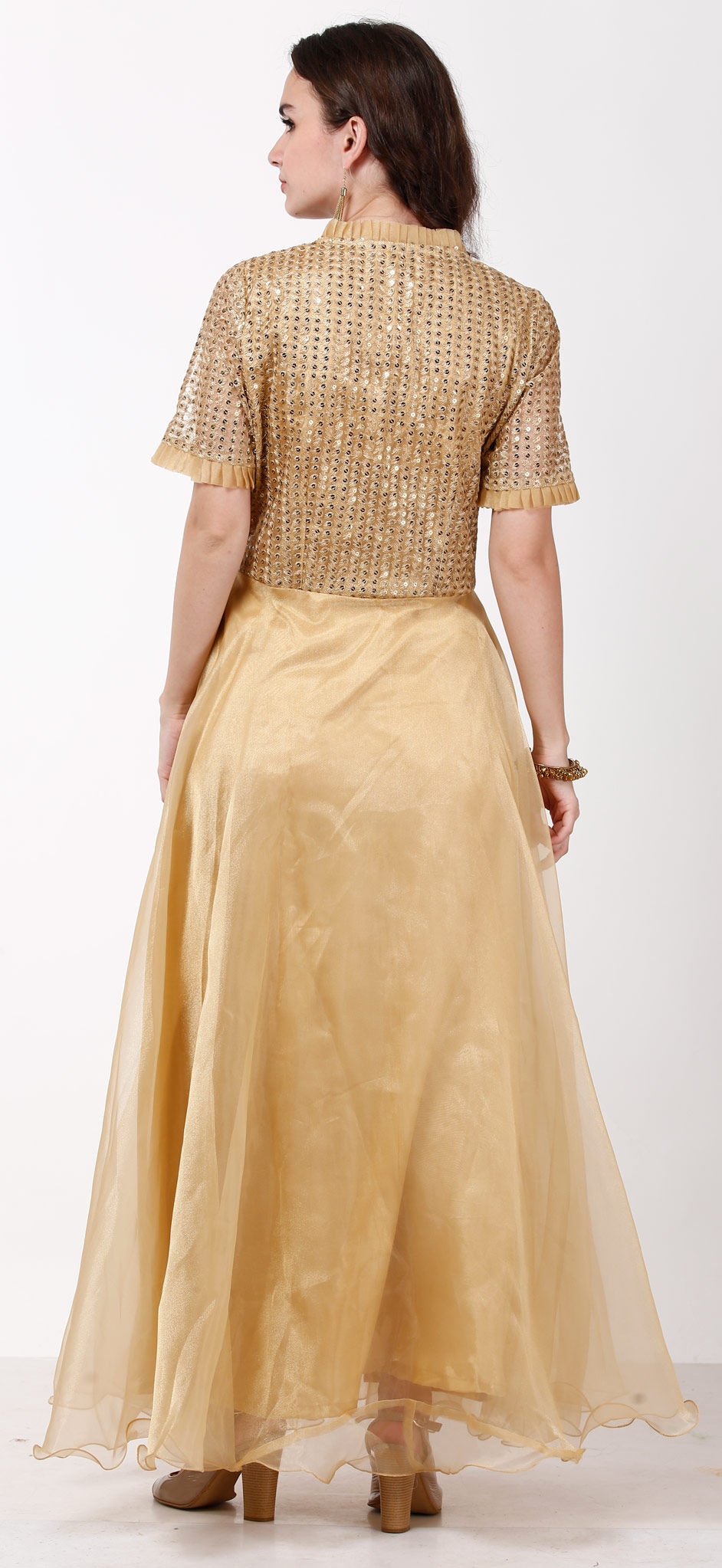Party Wear Gold color Net fabric Gown : 1660954