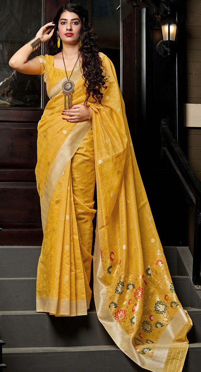 Traditional Yellow color Cotton fabric Saree : 1664444
