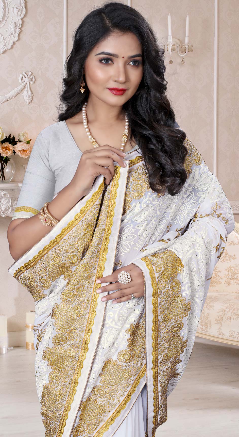 Festive, Party Wear White and Off White color Georgette fabric Saree ...
