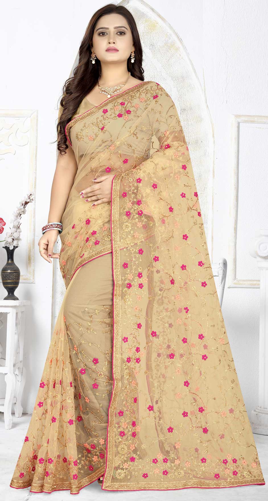Festive, Party Wear Gold color Net fabric Saree : 1697134