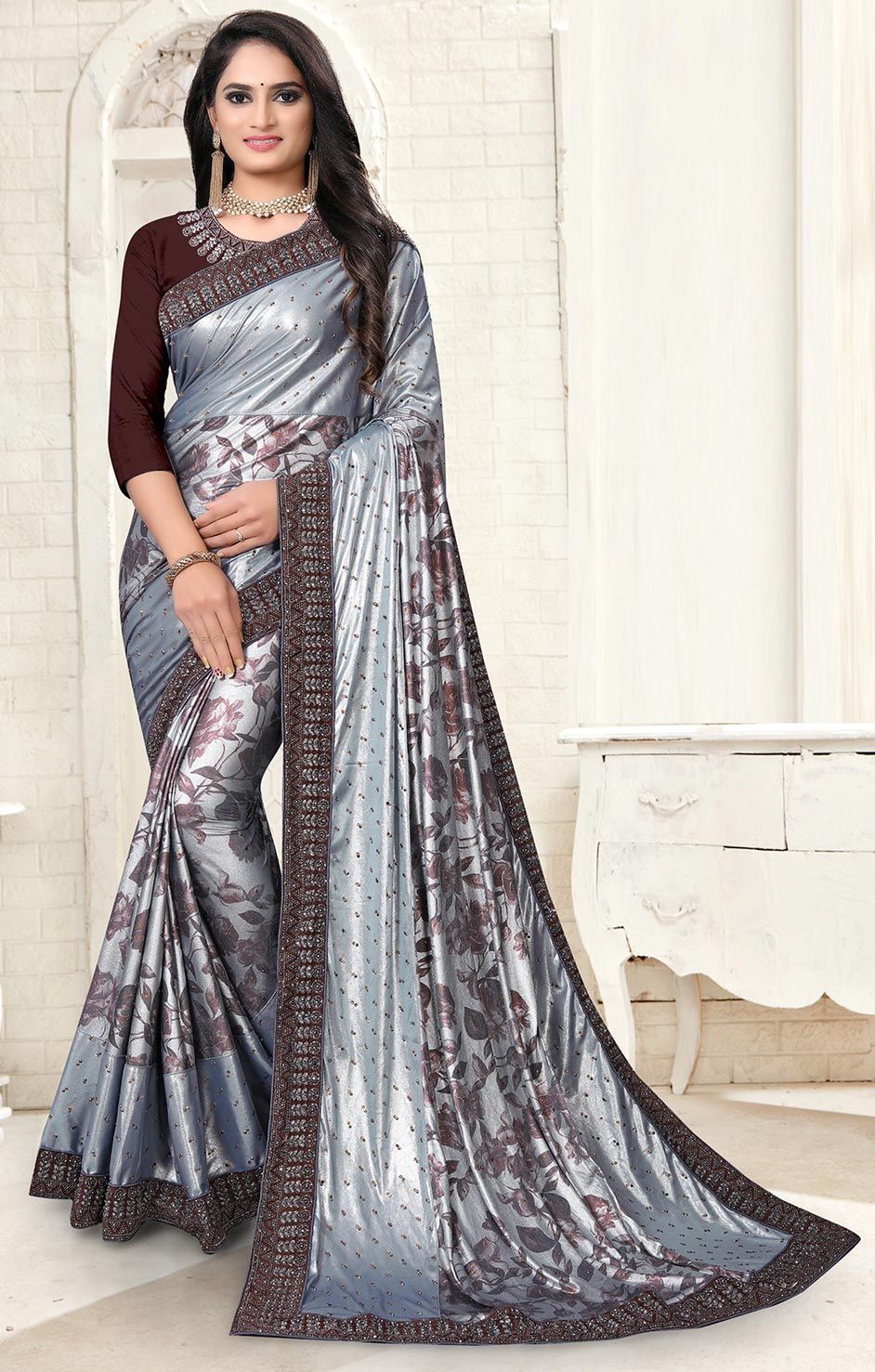 Traditional Silver color Art Silk, Silk fabric Saree : 1698650