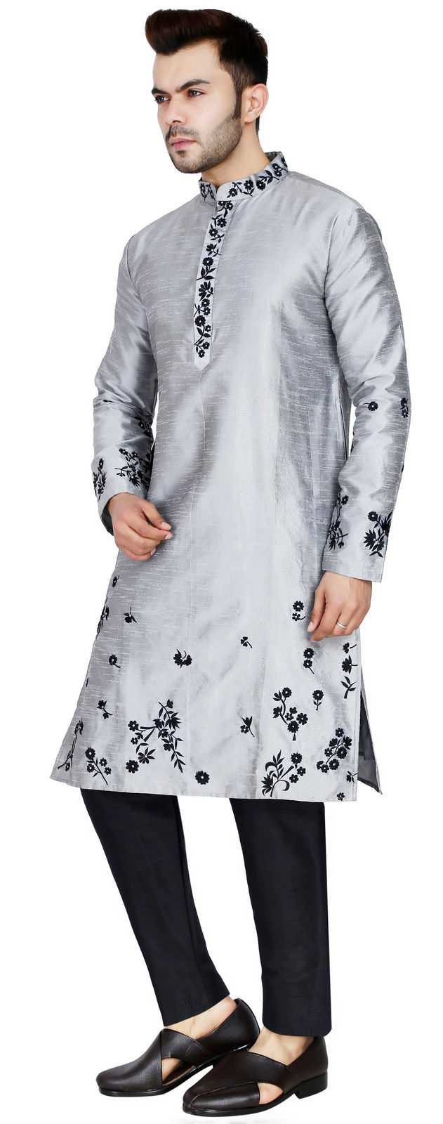 Silver color Raw Silk fabric Kurta Pyjamas : 1706450