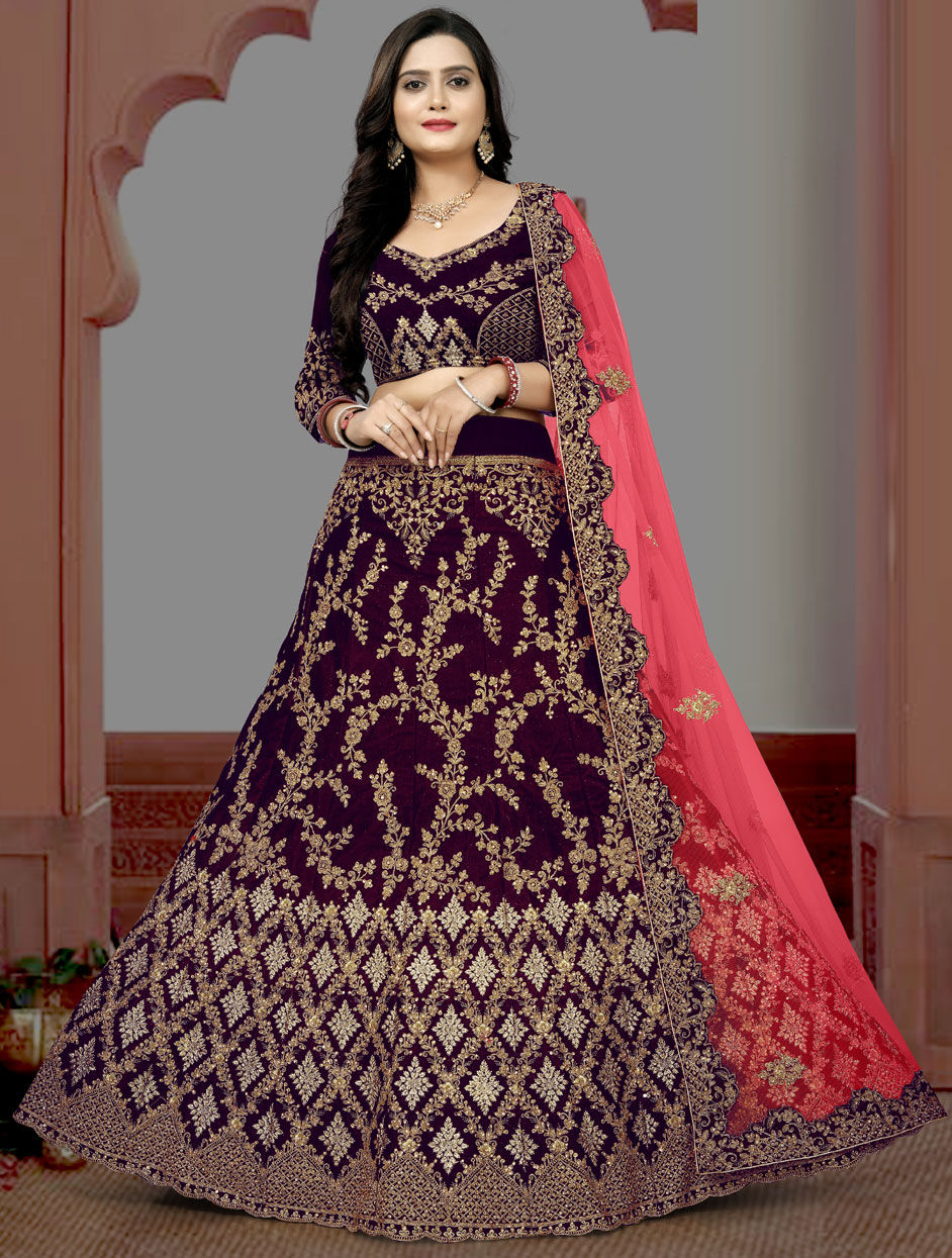 Festive, Wedding Purple and Violet color Velvet fabric Lehenga : 1714086