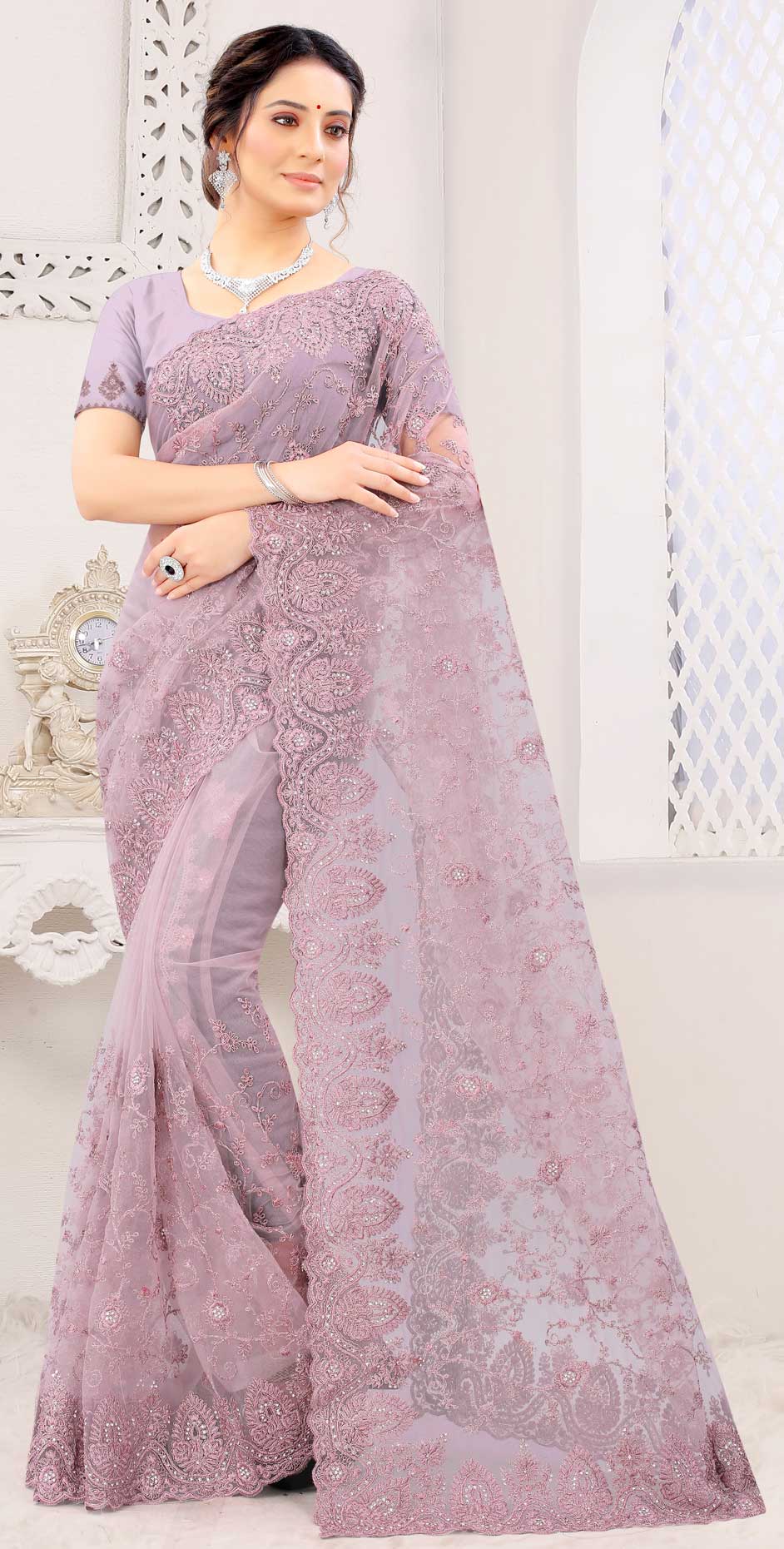Engagement, Festive, Mehendi Sangeet Purple and Violet color Net fabric ...