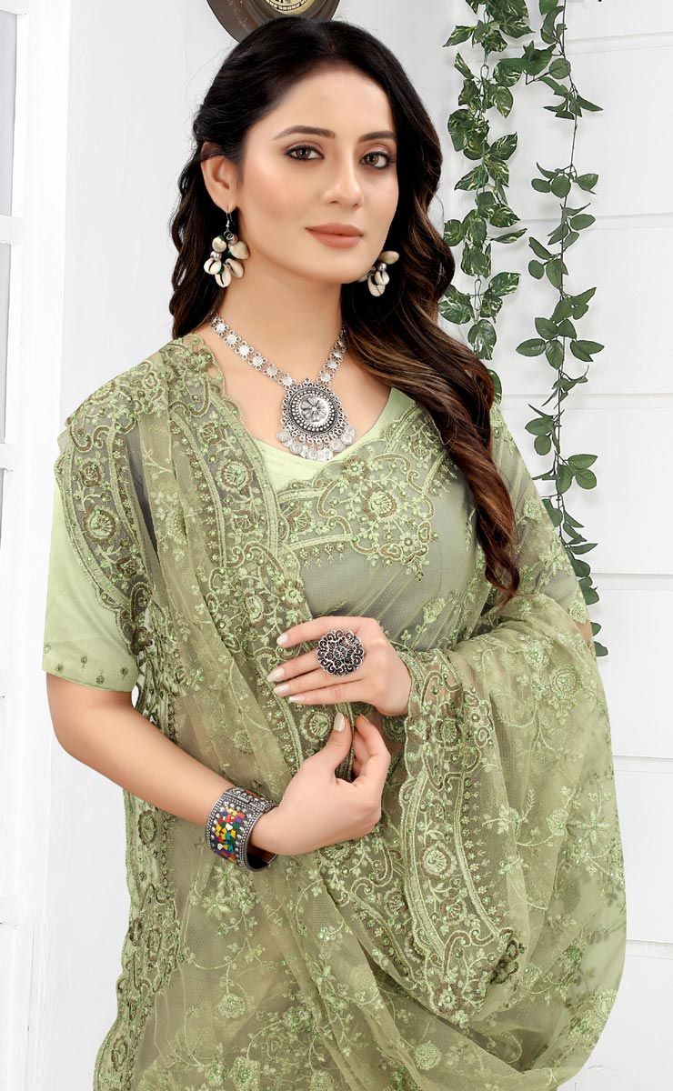 Festive, Party Wear, Wedding Green color Net fabric Saree : 1786384