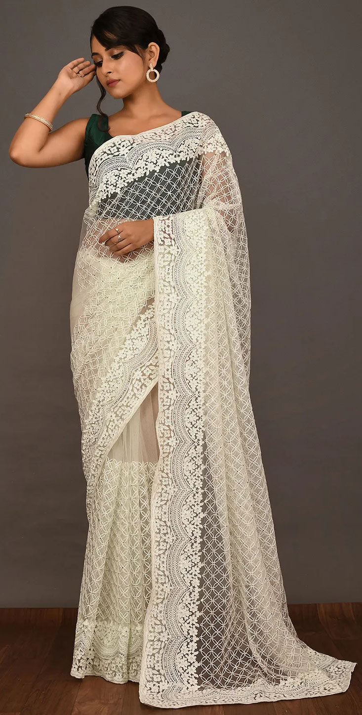 Engagement, Wedding White and Off White color Net fabric Saree : 1806201
