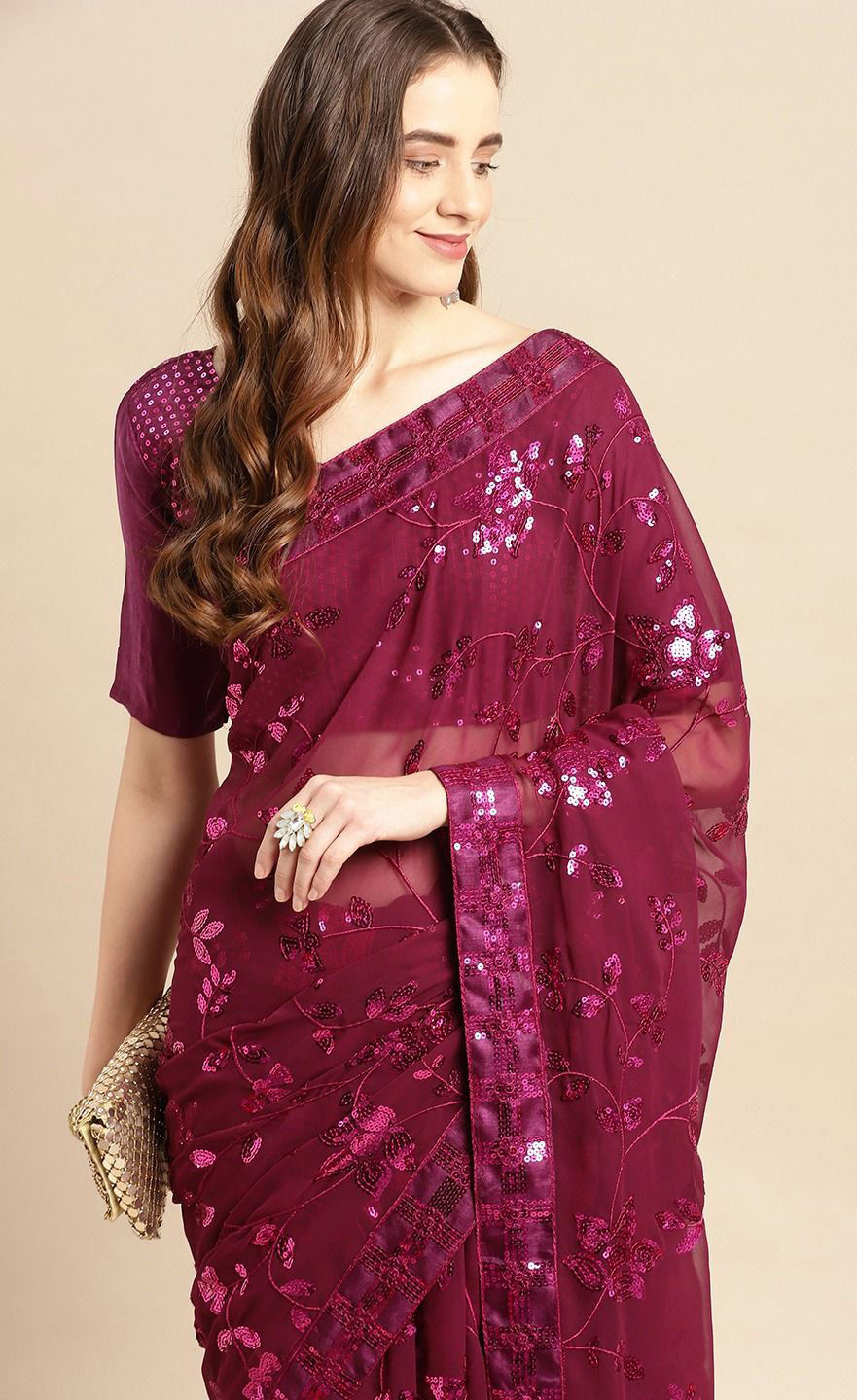 Traditional Red and Maroon color Georgette fabric Saree : 1852308