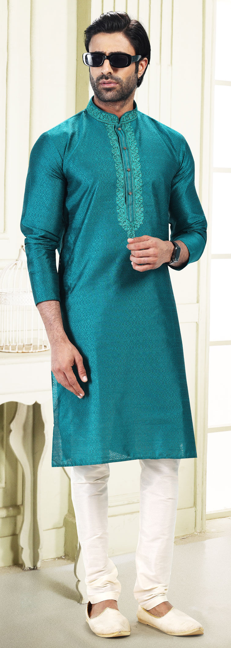 Blue color Jacquard fabric Kurta Pyjamas : 1856279