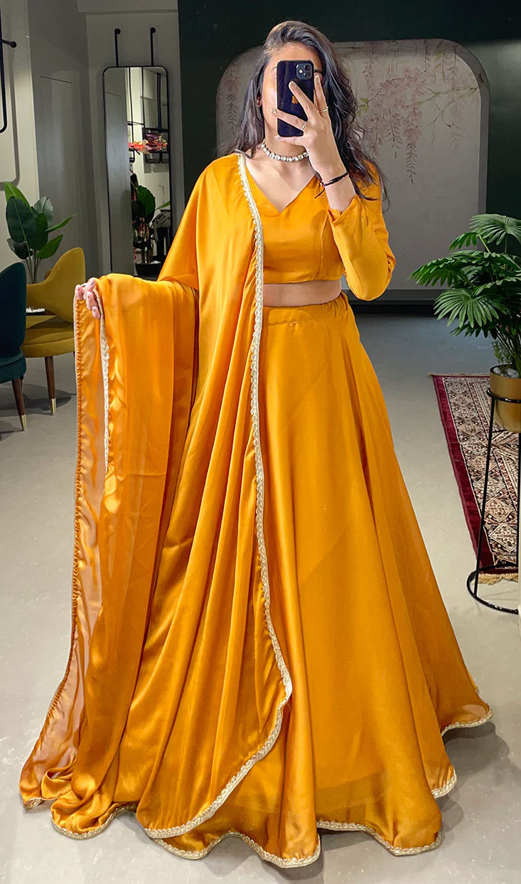 Mehendi Sangeet, Reception Yellow color Silk fabric Lehenga : 1856841
