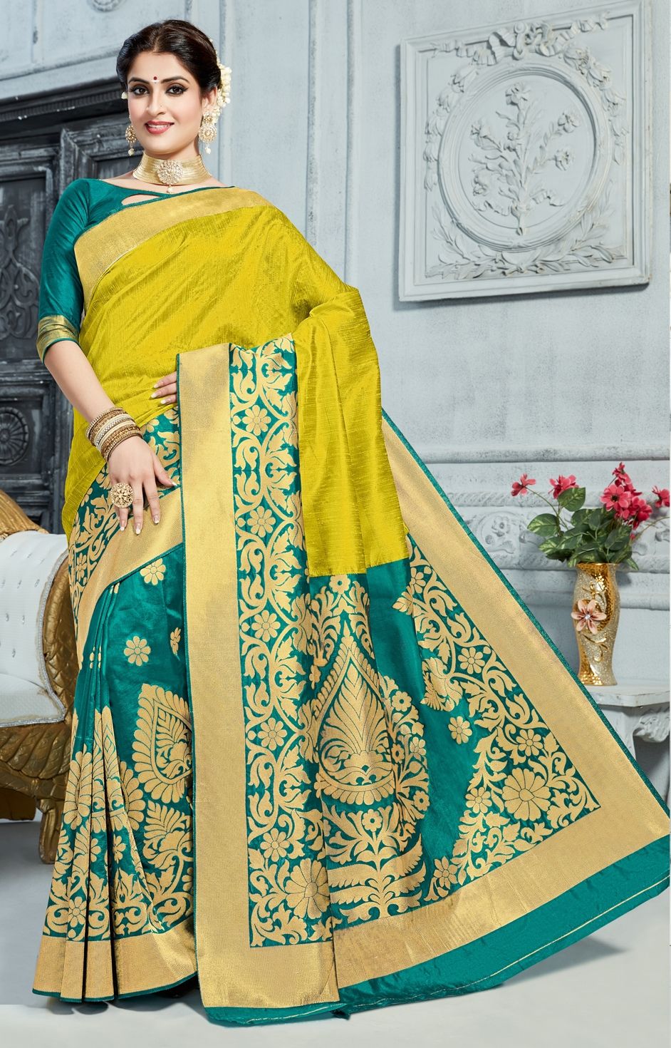761469: Blue, Yellow color family Silk Sarees with matching unstitched ...