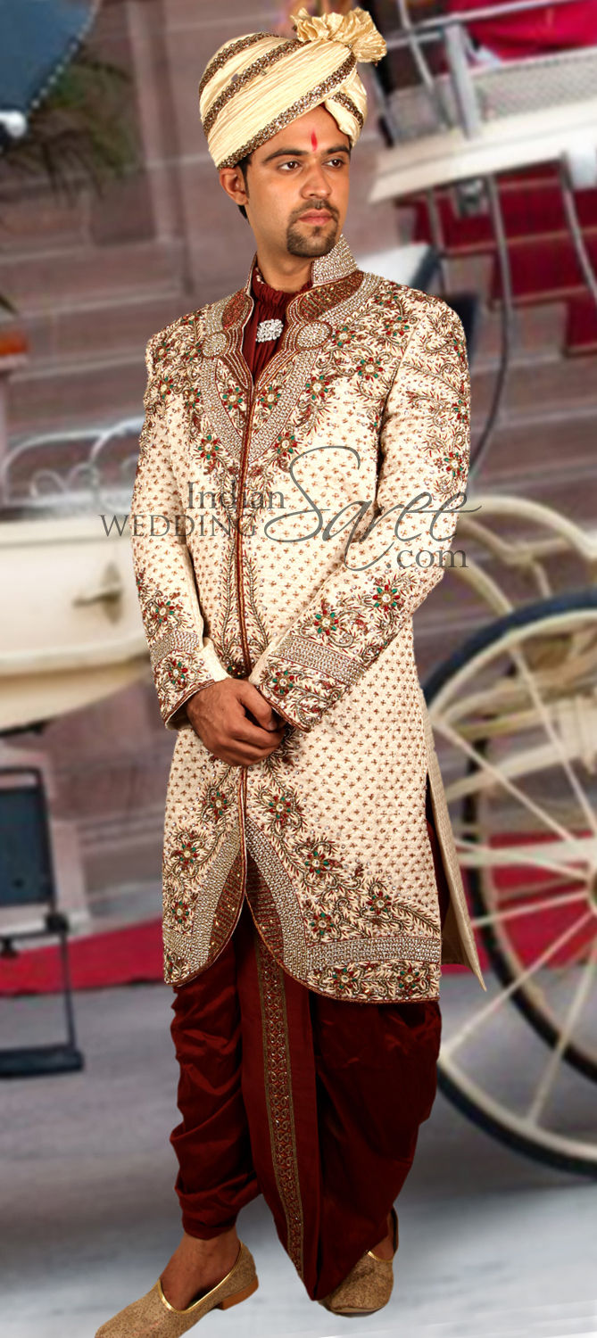 12282: White and Off White color Silk fabric Dhoti Sherwani