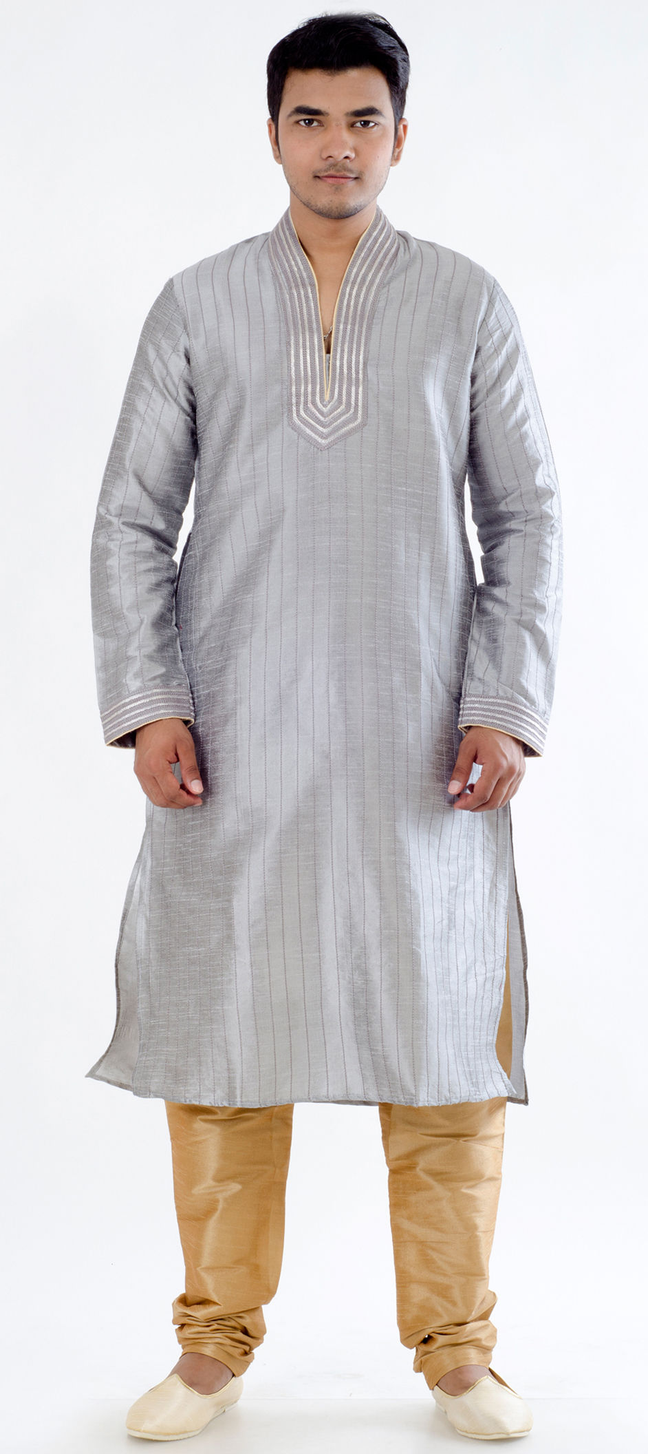 Gold and Silver color Art Dupion Silk fabric Kurta Pyjamas : 12306