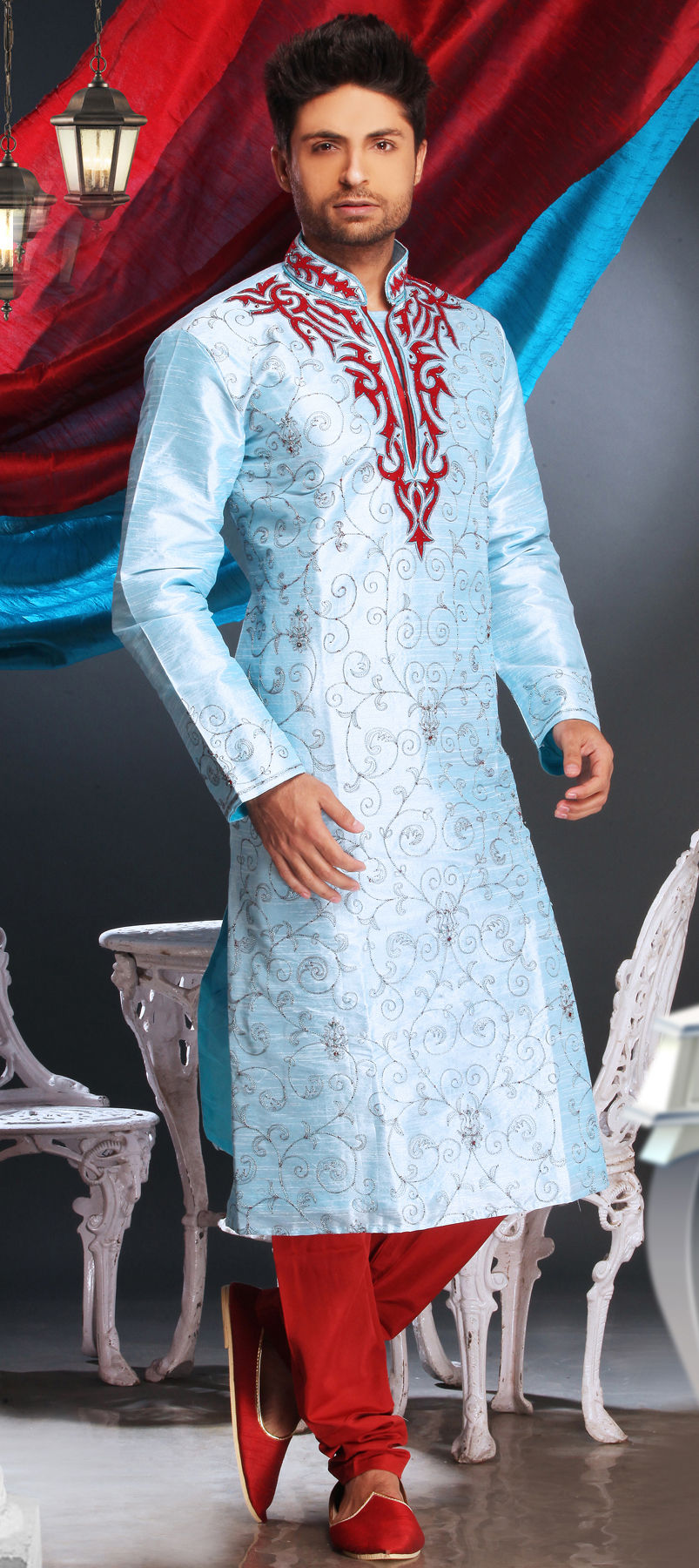 12391: Blue color Art Dupion Silk fabric Kurta Pyjamas