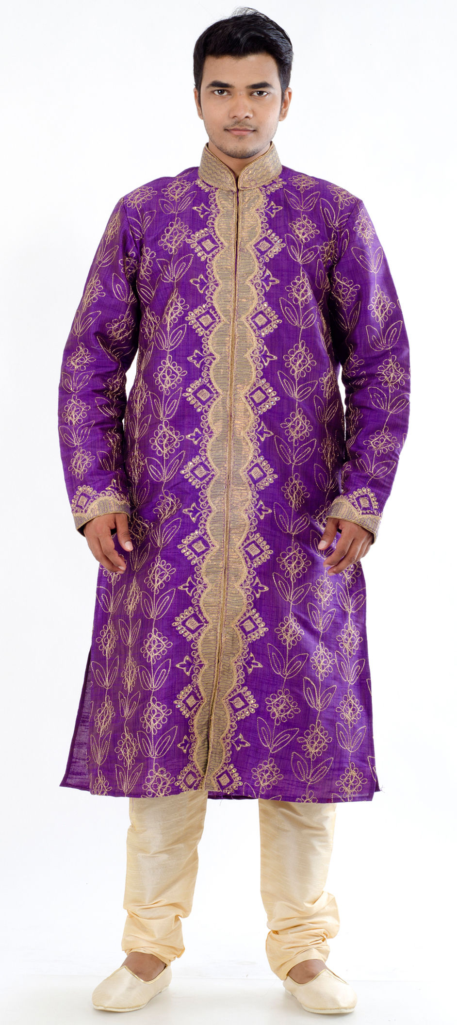 Purple and Violet color Jacquard, Raw Dupion Silk fabric Kurta Pyjamas ...