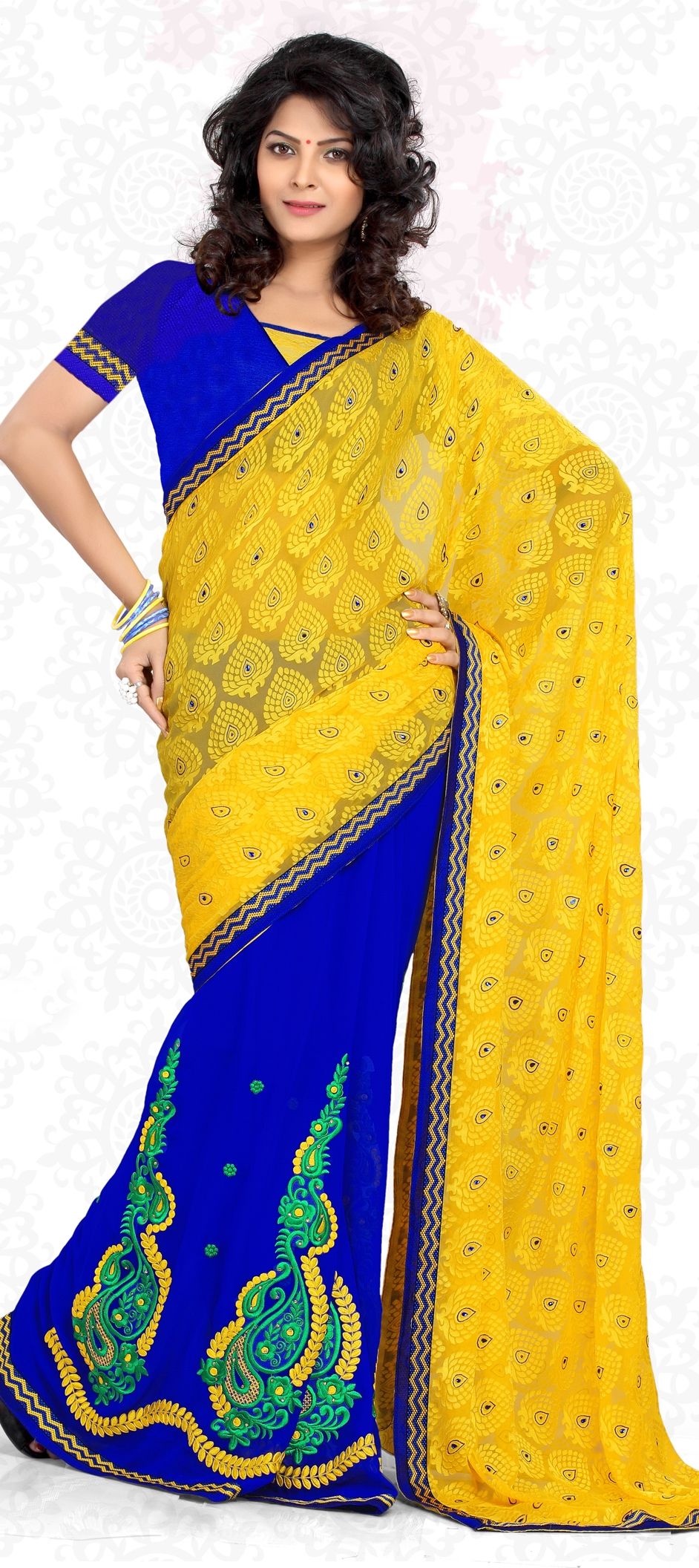 139562: Blue, Yellow color family Saree with matching unstitched blouse.