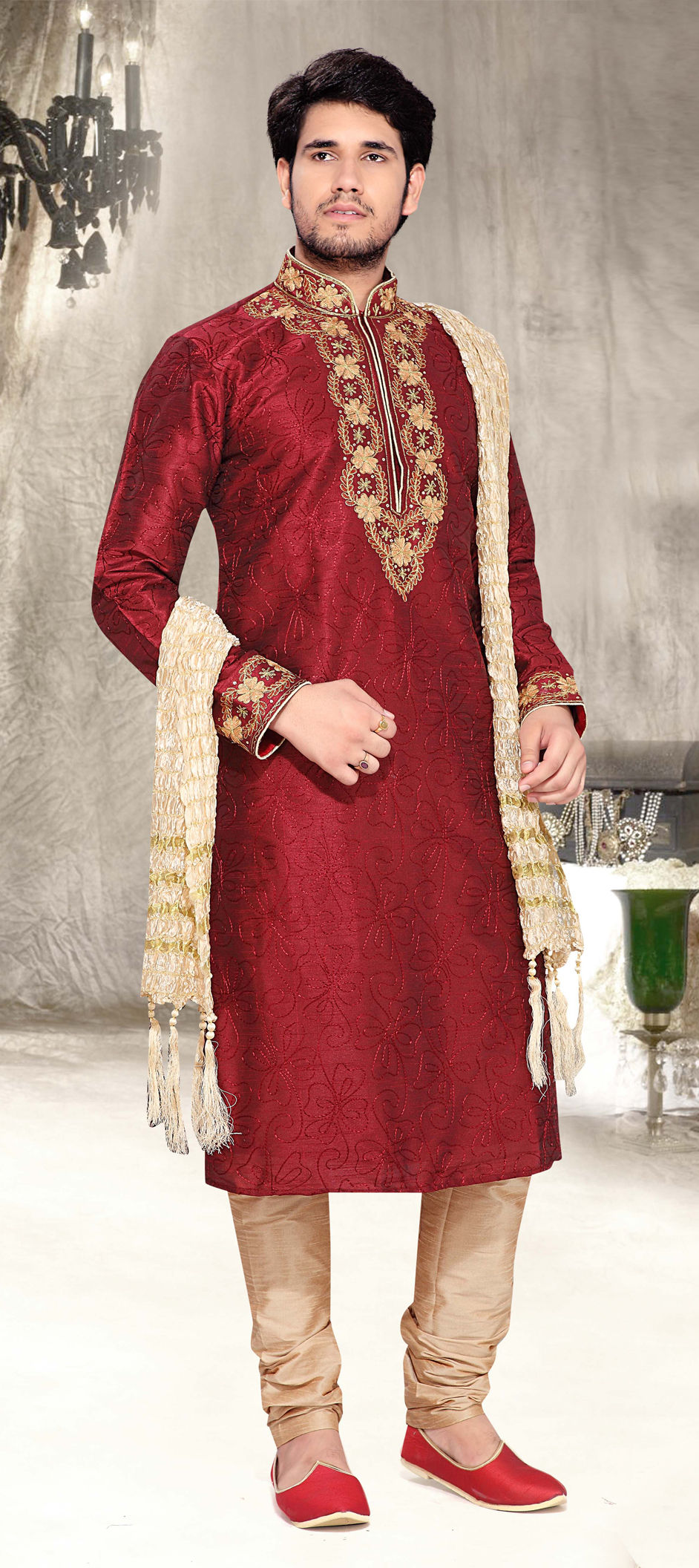 14735: Red and Maroon color Art Dupion Silk fabric Kurta Pyjamas