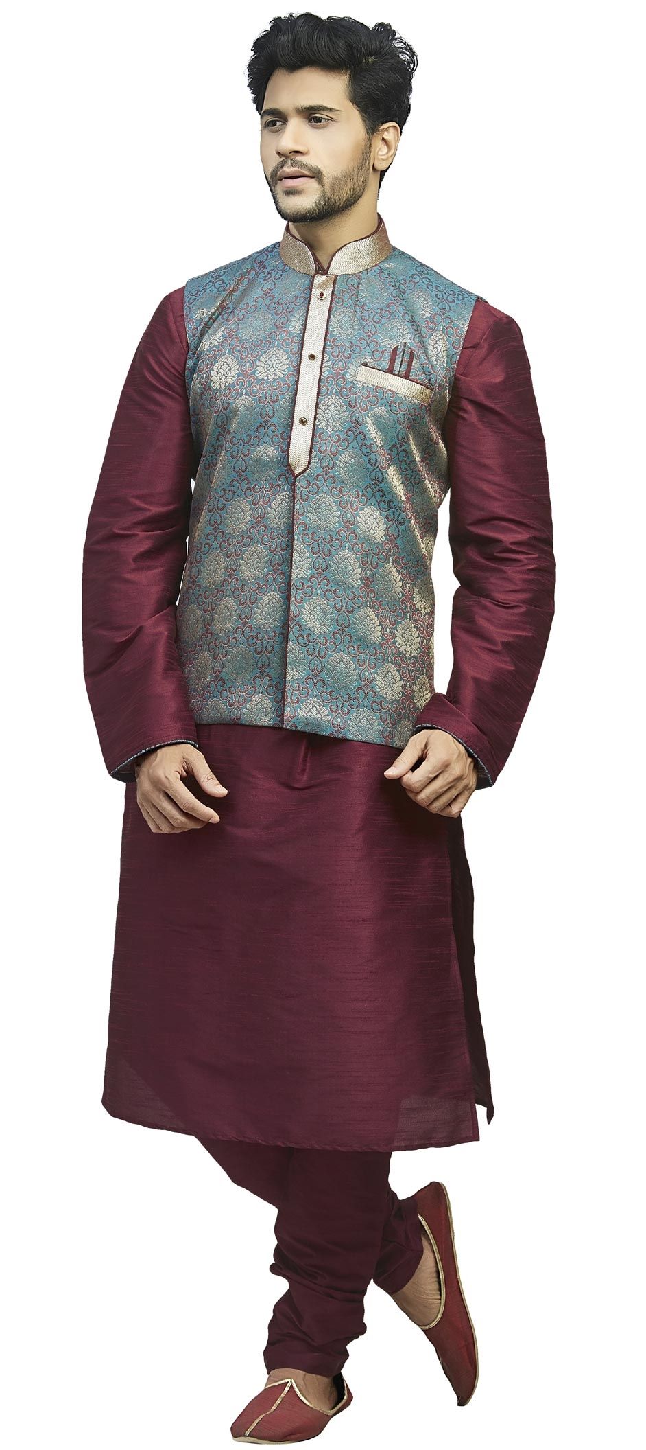 1500124: Red and Maroon color Poly Silk fabric Kurta Pyjamas