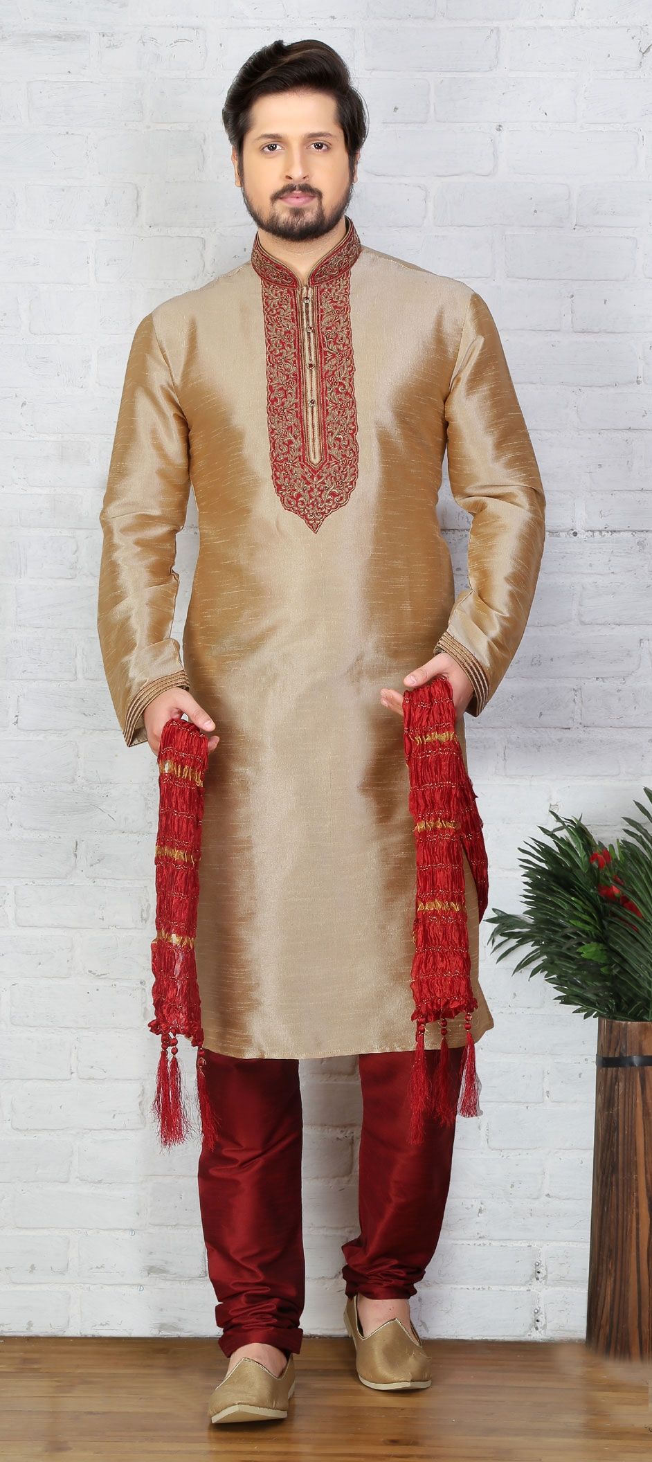1500470: Beige and Brown color Art Dupion Silk fabric Kurta Pyjamas